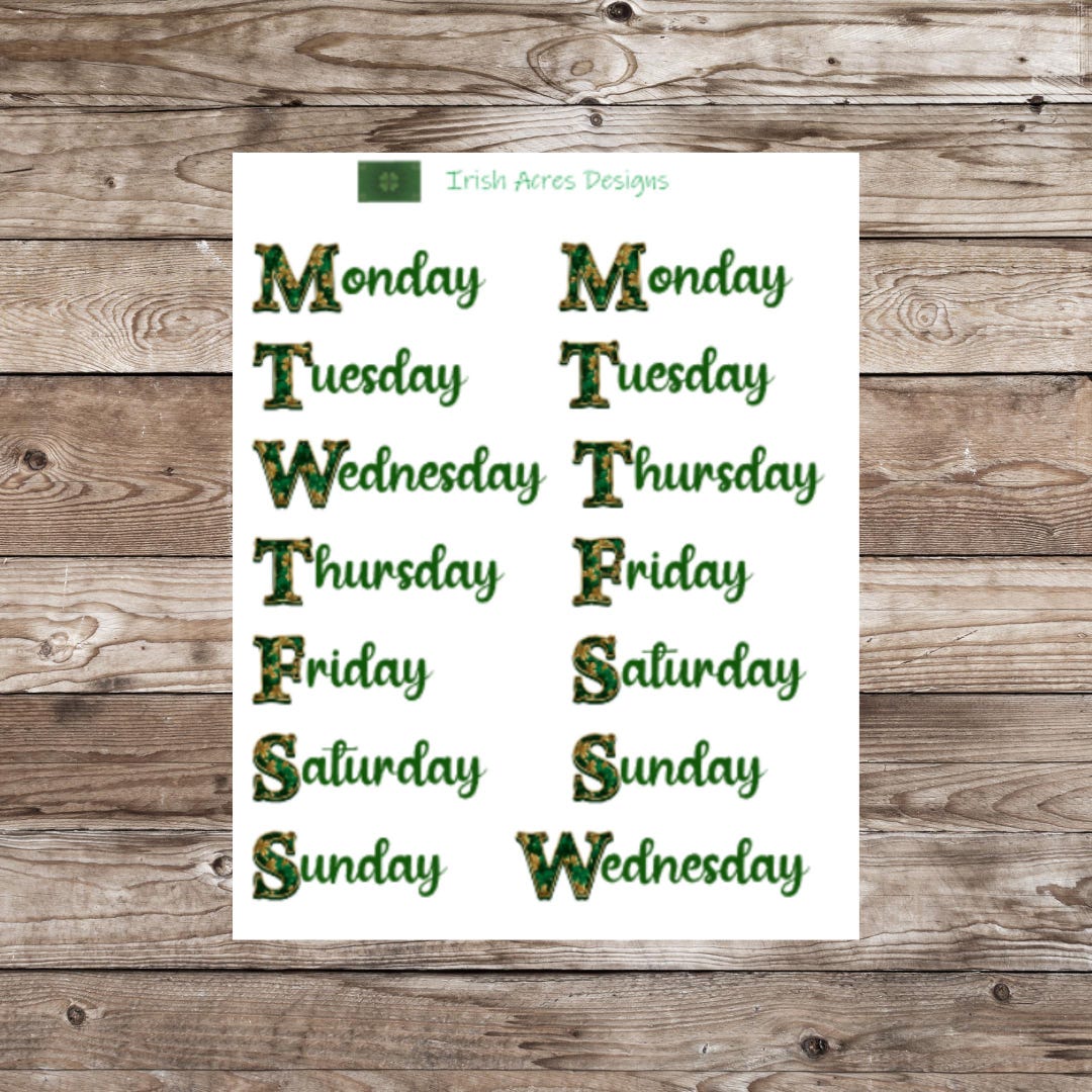 Shamrock Days of the Week Dates Journaling Sticker Sheet - Etsy