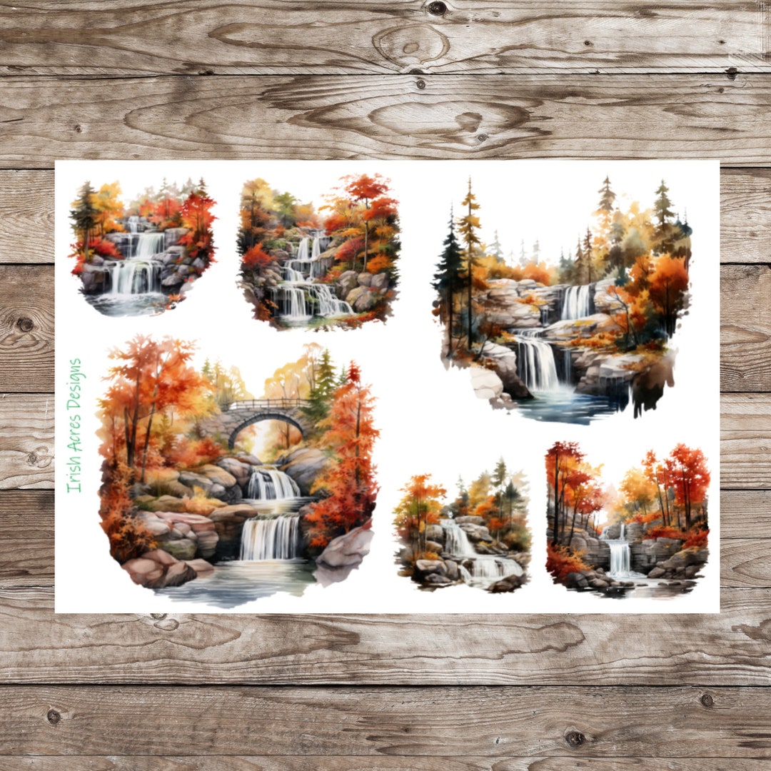 Waterfall Stickers for Autumn, Nature Lover Sticker Set, Fall Landscape ...