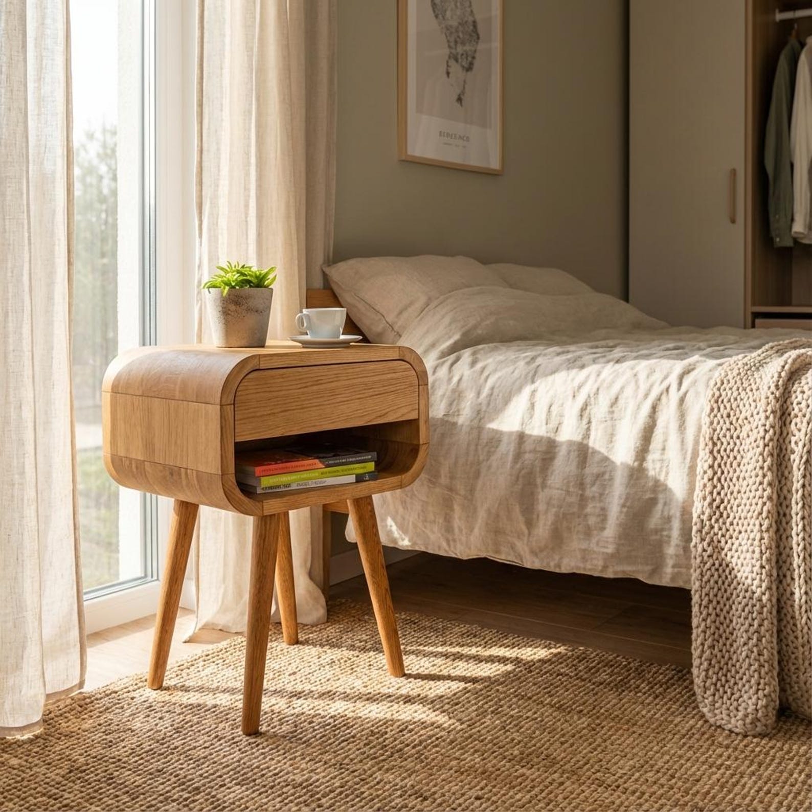 High Nightstand With Shelf and Drawer, Wood Bedside Table / Mid Century ...