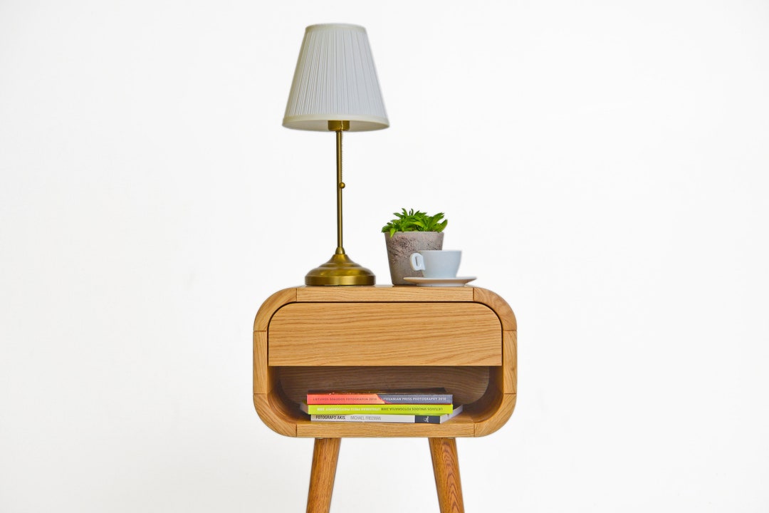 Solid Oak Mid-century Modern Side Table With Drawer, Handmade - Etsy