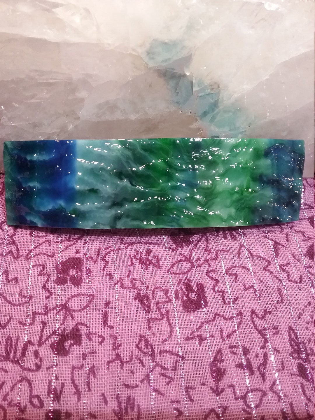 3.5 Inch Green Blue Rippled Stained Glass Rectangular Barrette With ...