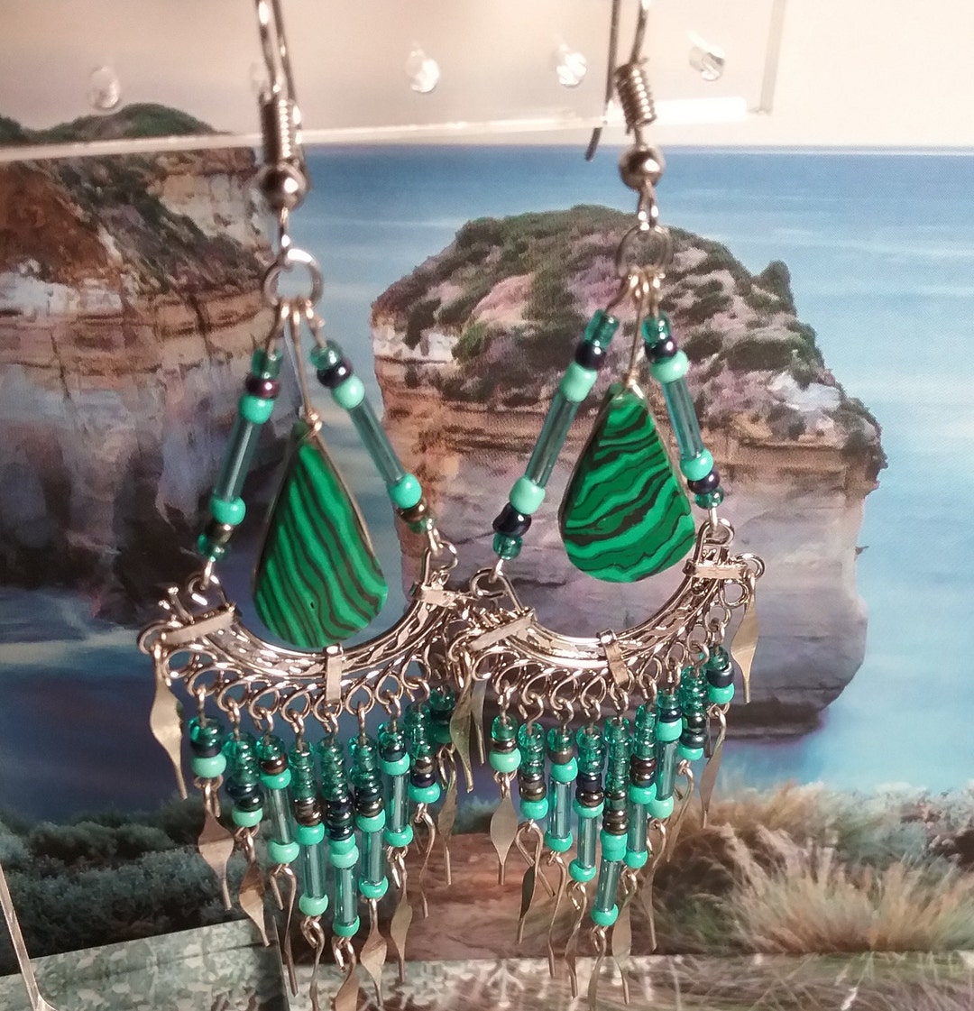 Spirit of Nature Green Teardrop Drop Earrings With Tassels - Etsy