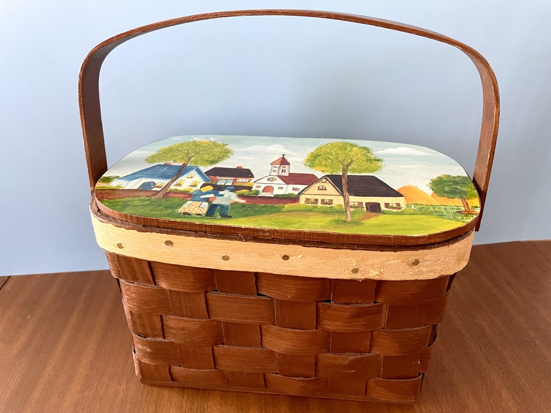 Wooden Hand Painted Picnic Basket Collectible Basketville Purse - Etsy