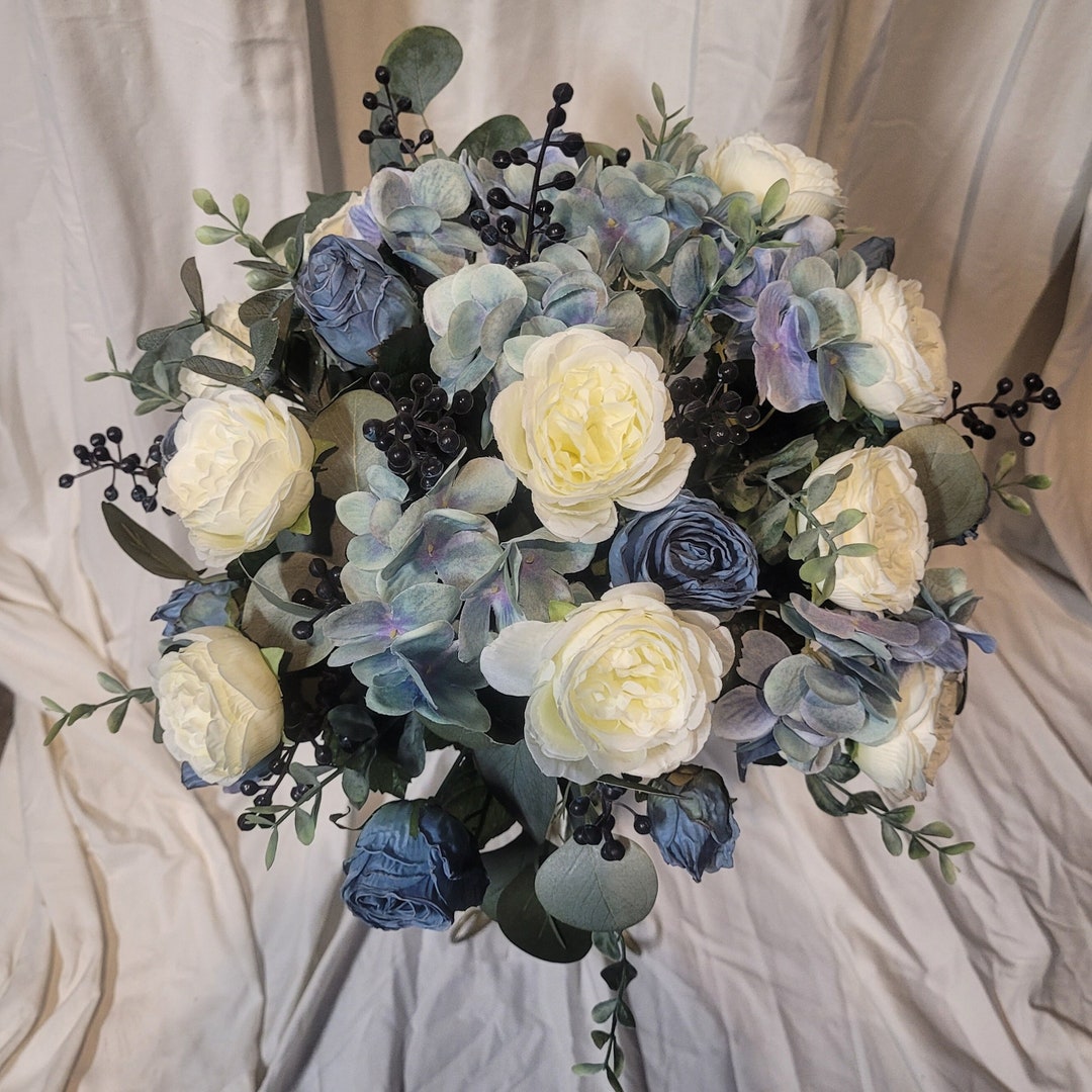 Something Blue, Bridal Bouquet With Antiqued Blue Silk Roses and Ivory ...