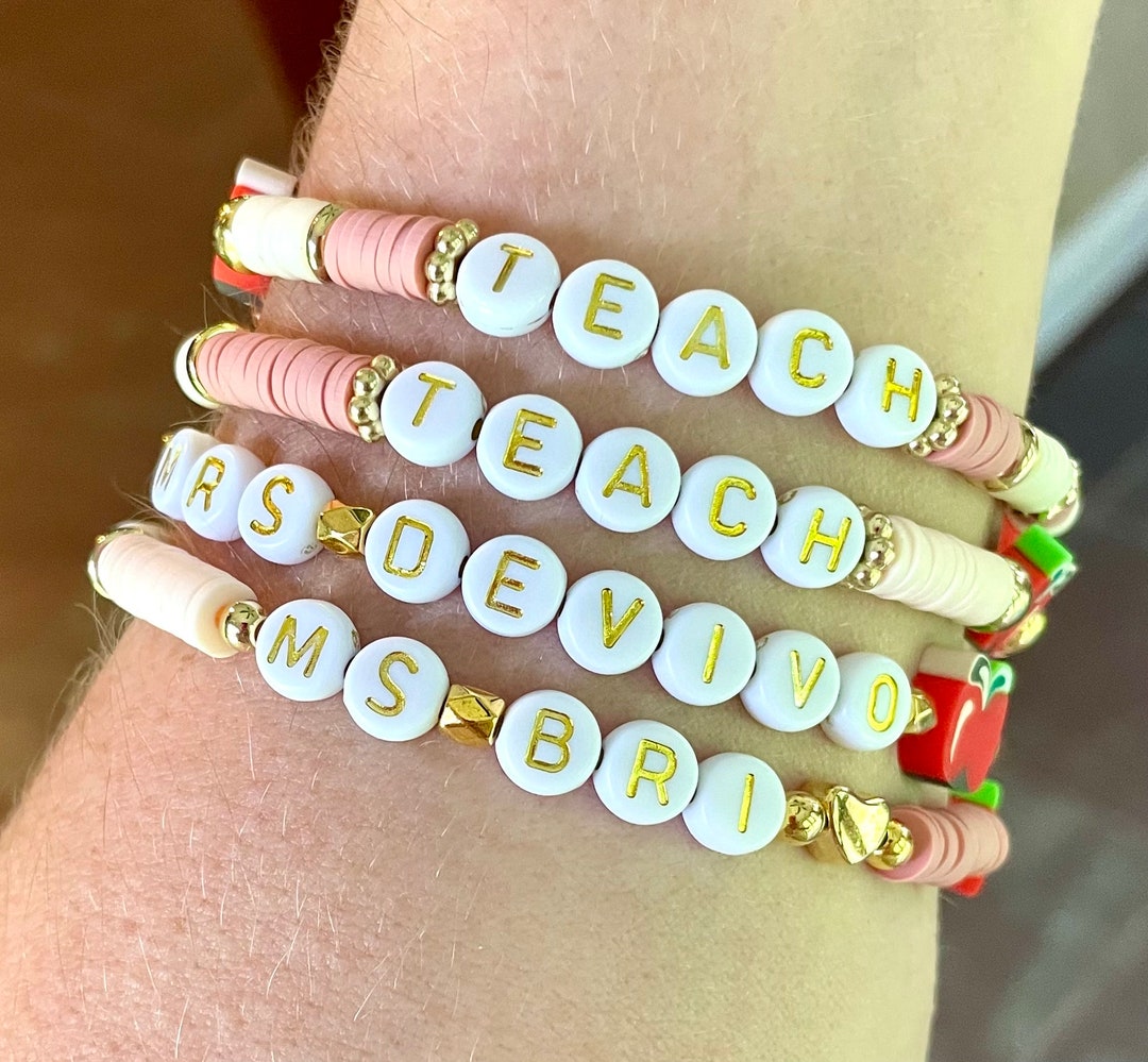 Teacher Heishi Bead Custom Pencil Bracelet, Teacher Appreciation Week Gift, School Staff Teach ...