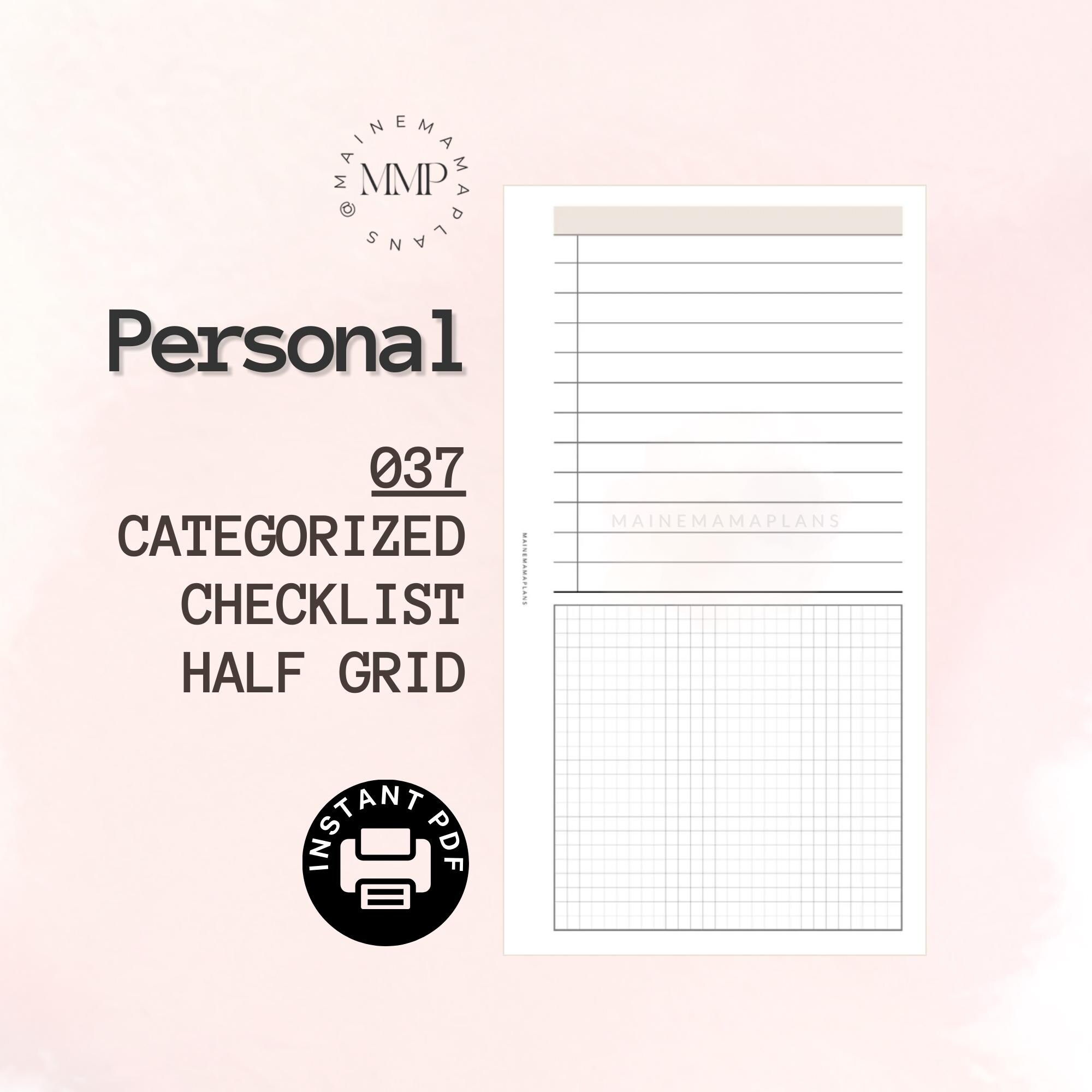 037 - Personal: Categorized Checklist Half Grid Insert Instant PDF ...