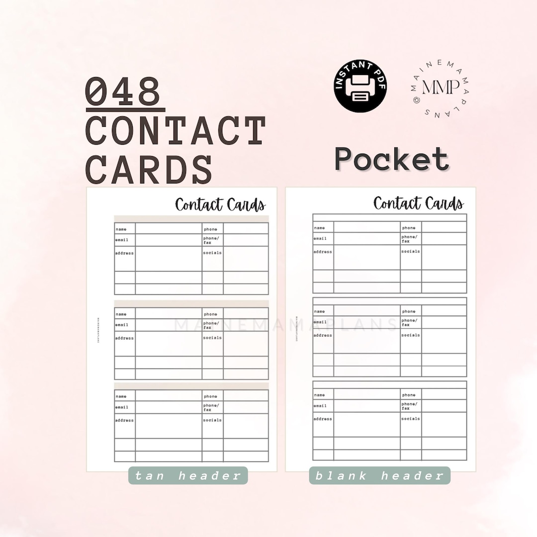 048 - Pocket: Contact Cards Insert Instant PDF Printable Download ...