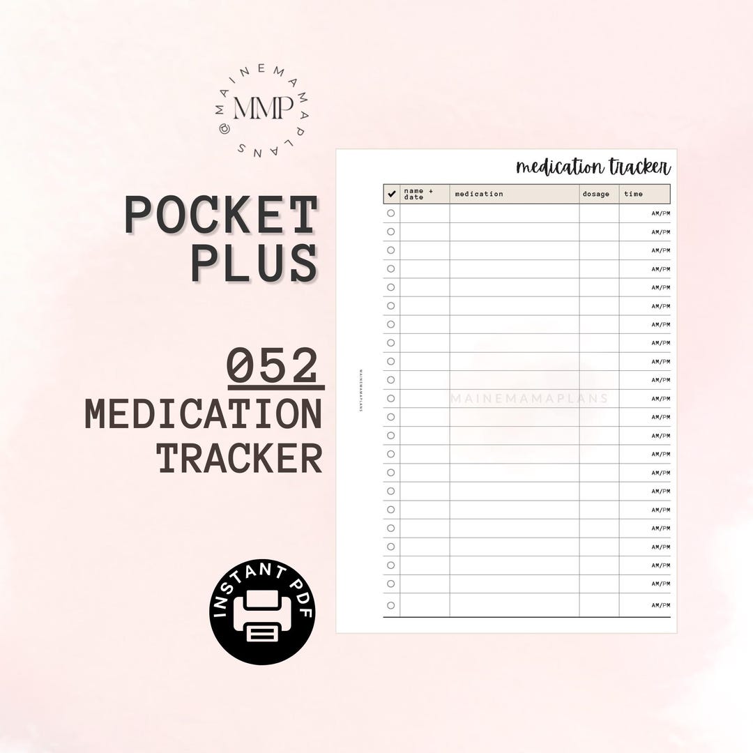 052 - Pocket PLUS: Medication Tracker Insert Instant PDF Printable ...