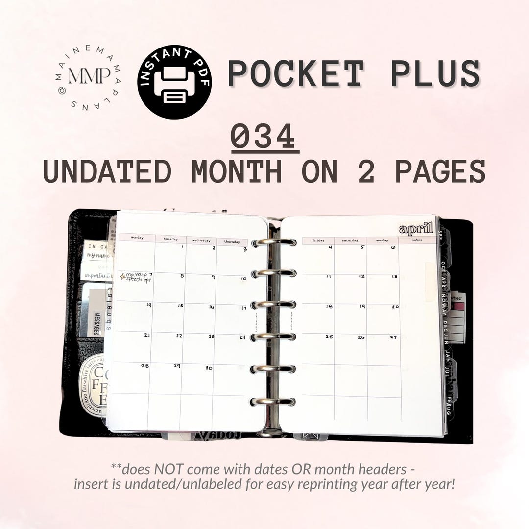 034 - Pocket PLUS: Undated Month on 2 Pages Insert Instant PDF ...