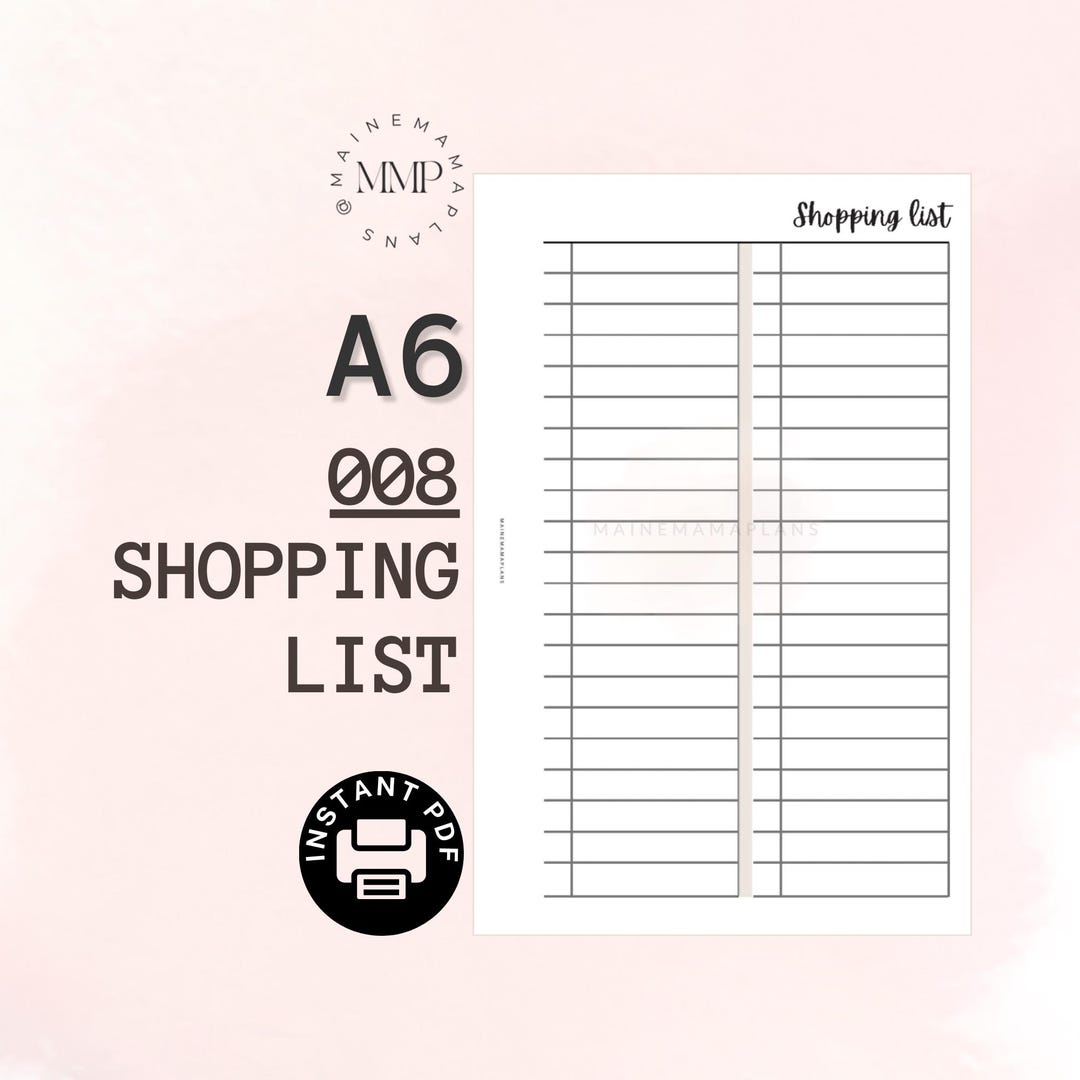 008 - A6: Shopping List Insert Instant PDF Printable Download Pocket ...