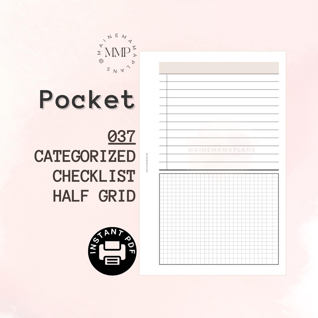 037 - Pocket: Categorized Checklist Half Grid Insert Instant PDF ...