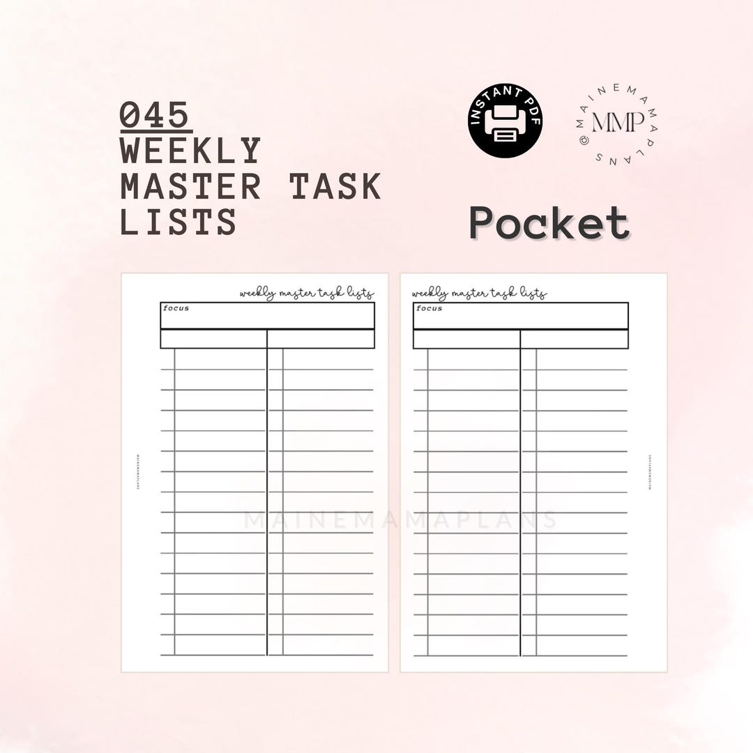045 - Pocket: Weekly Master Task List Insert Instant PDF Printable ...