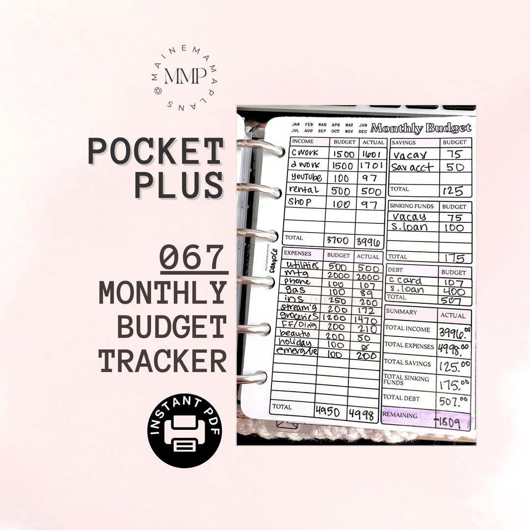 067 - Pocket PLUS: Monthly Budget Insert Instant PDF Printable Download ...
