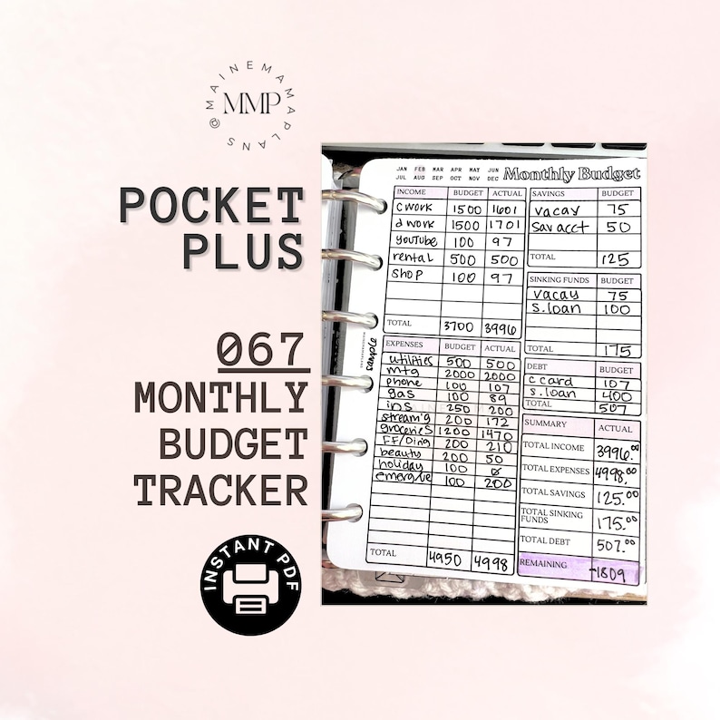 067 - Pocket PLUS: Monthly Budget Insert Instant PDF Printable Download ...