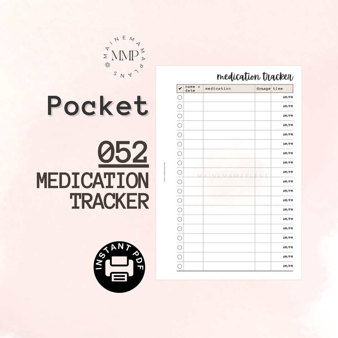052 - Pocket: Medication Tracker Insert Instant PDF Printable Download ...