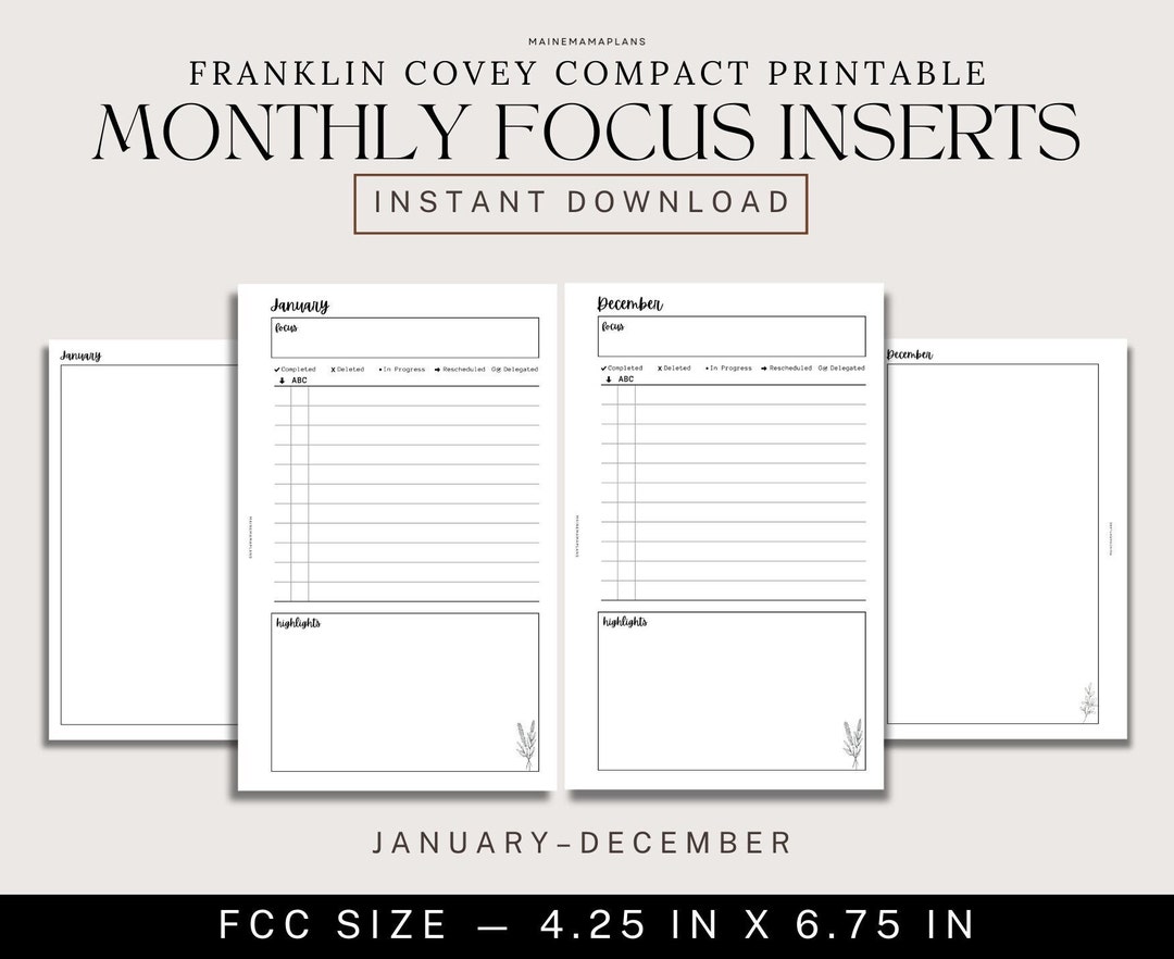 Monthly Focus Insert FCC Printable Monthly Goals Tracker in Franklin ...