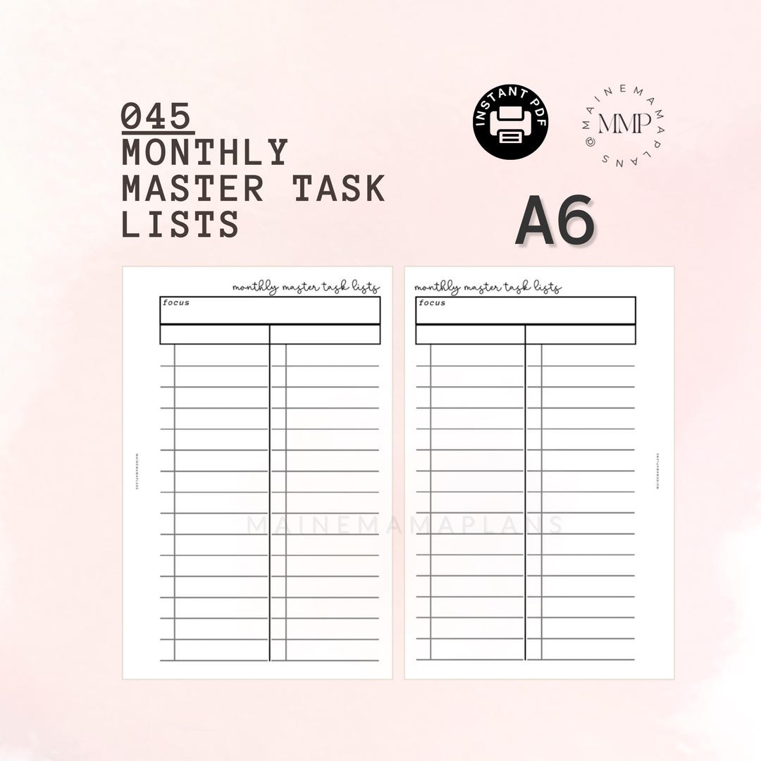 045 - A6: Monthly Master Task List Insert Instant PDF Printable ...