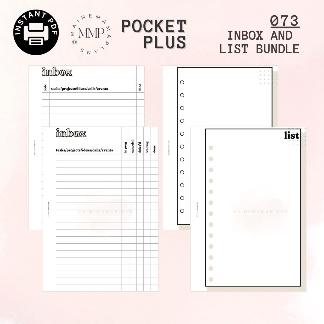 073 - Pocket PLUS: Inbox and Lists Inserts Bundle Instant PDF Printable ...