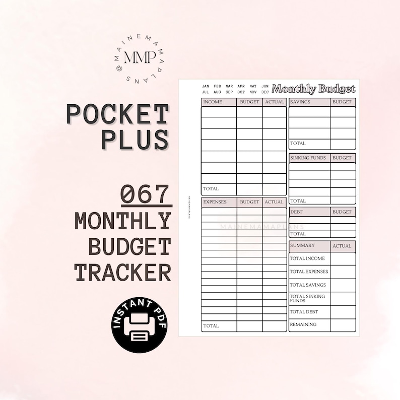 067 - Pocket PLUS: Monthly Budget Insert Instant PDF Printable Download ...