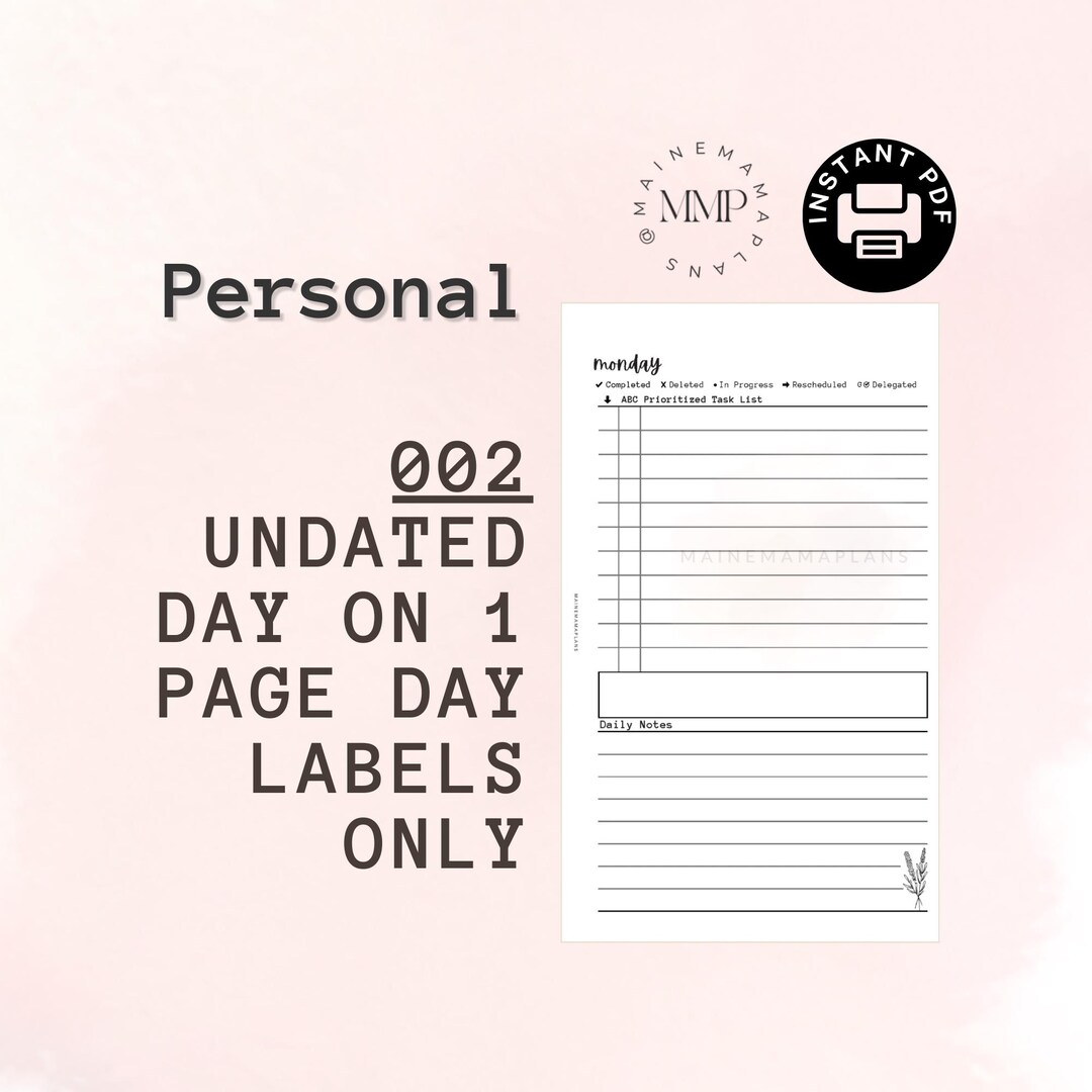 002 - Personal: UNDATED Daily With Day Labels ONLY (NO Schedule ...