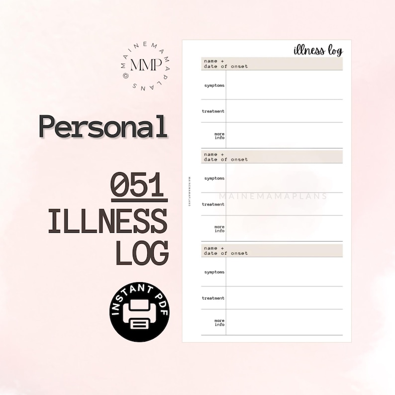 051 - Personal: Illness Log Insert Instant PDF Printable Download ...