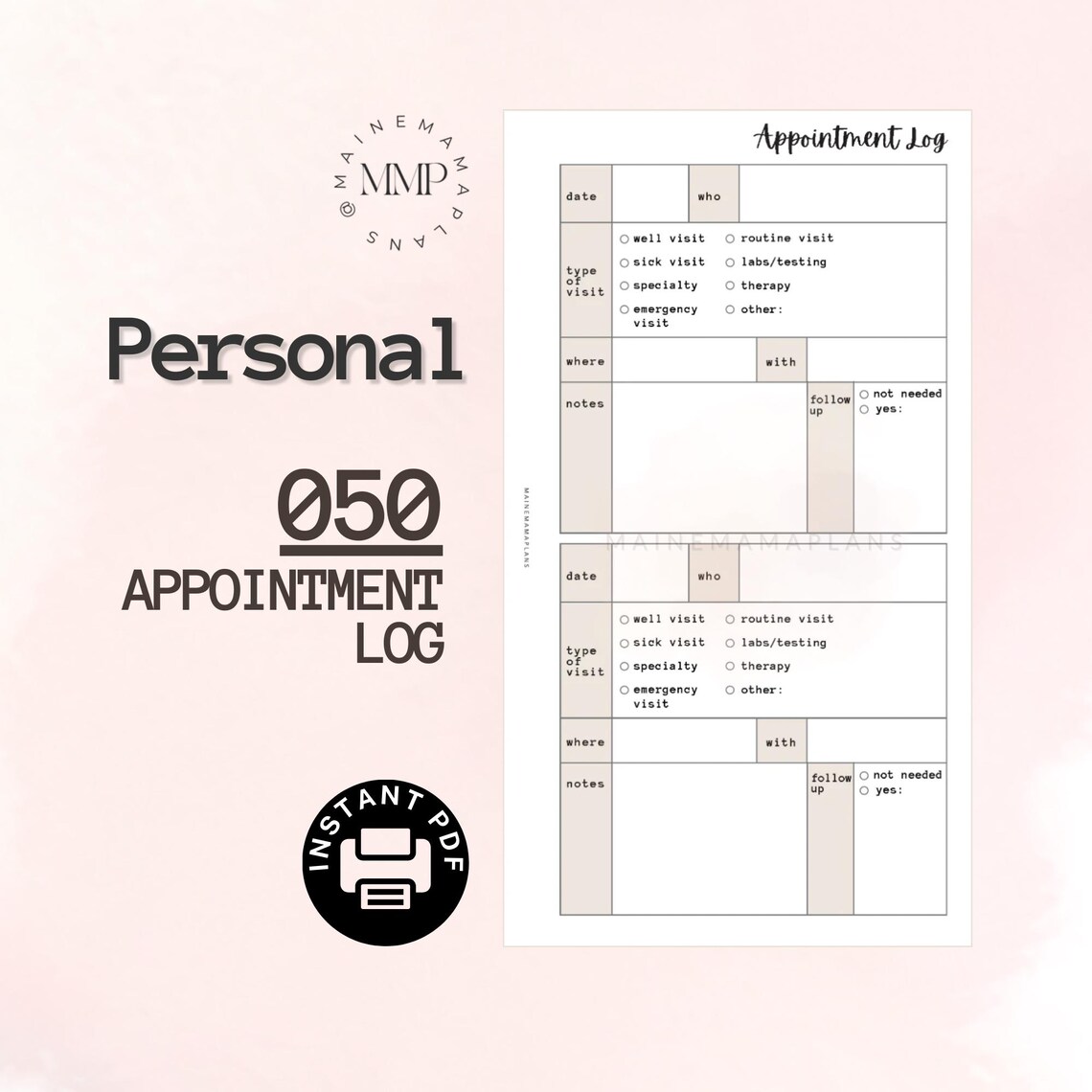 050 - Personal: Appointment Log Insert Instant PDF Printable Download ...