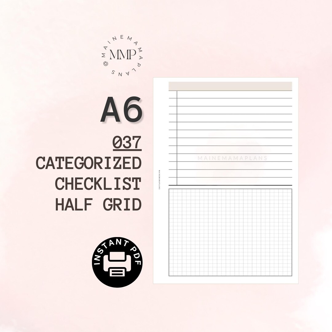 037 - A6: Categorized Checklist Half Grid Insert Instant PDF Printable ...