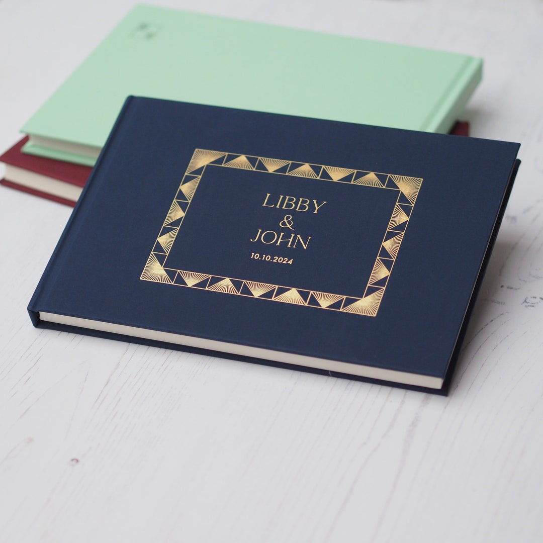 Personalised Gold Foil Geometric Frame Wedding Guest Book Hardcover ...
