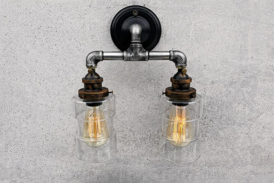 Industrial Pipe Wall Sconce Double | Rustic Metal Wall Light | Vintage ...