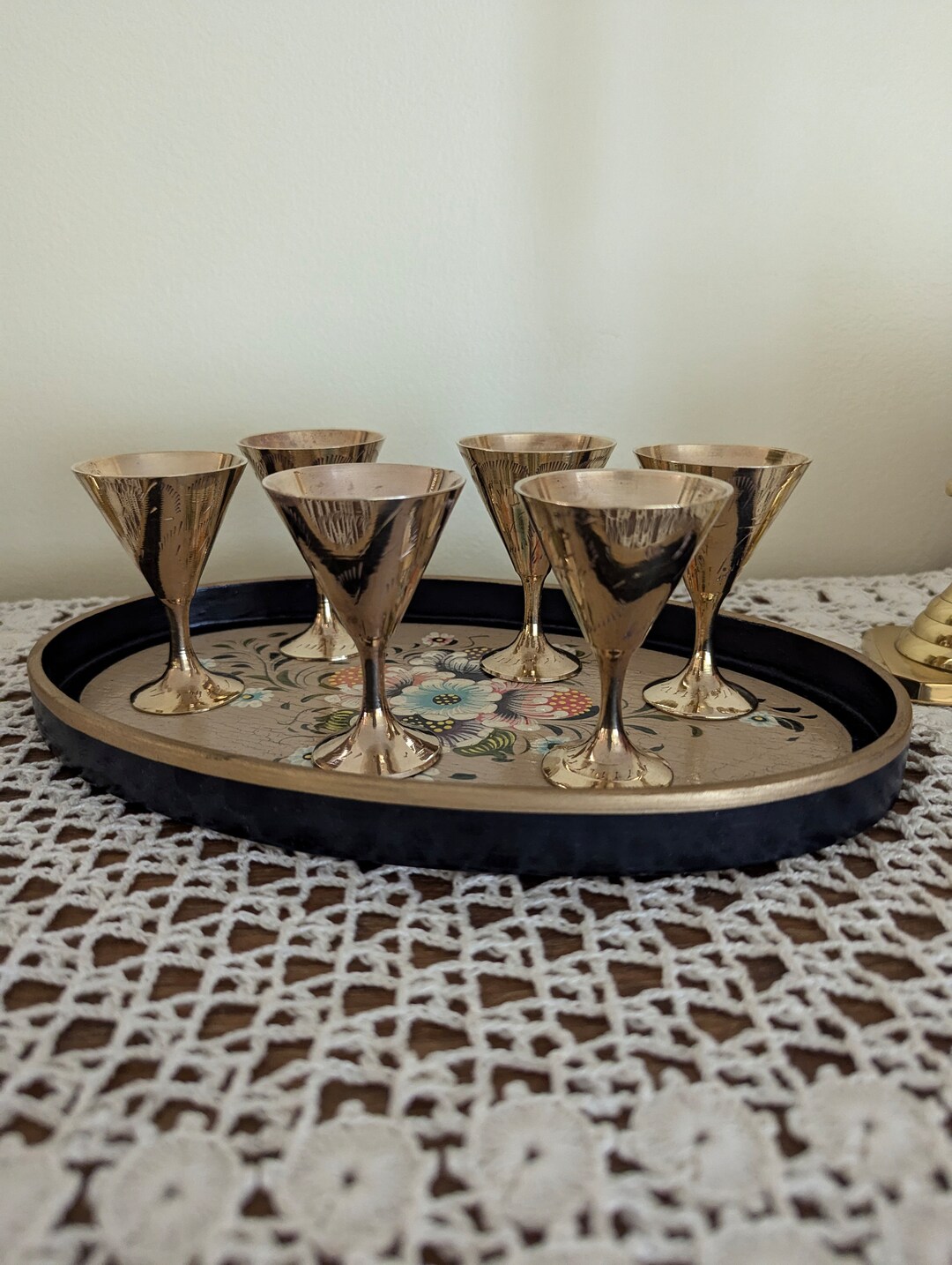 Vintage Brass Barware Set of 6 Solid Brass Cordial or Stemmed Shot ...