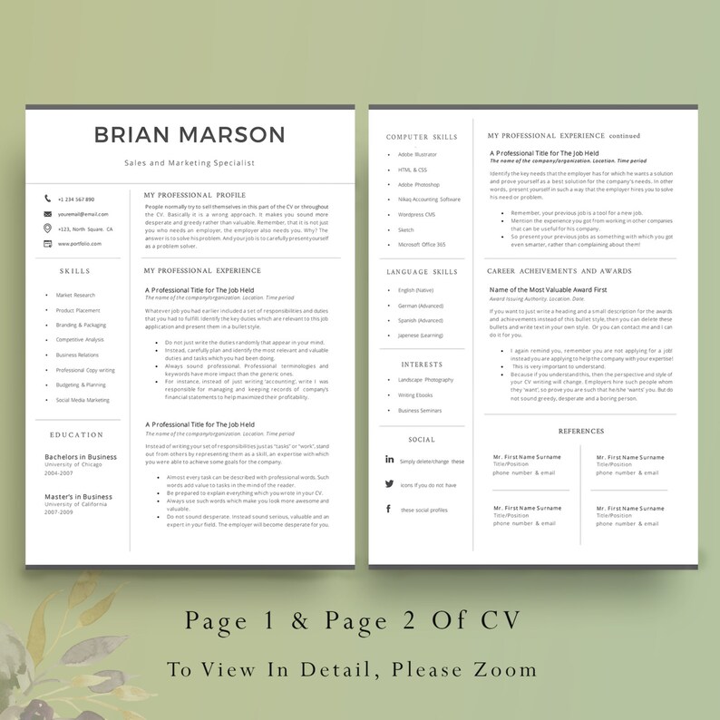 Resume Template Professional Resume 2 Pages Resume - Etsy