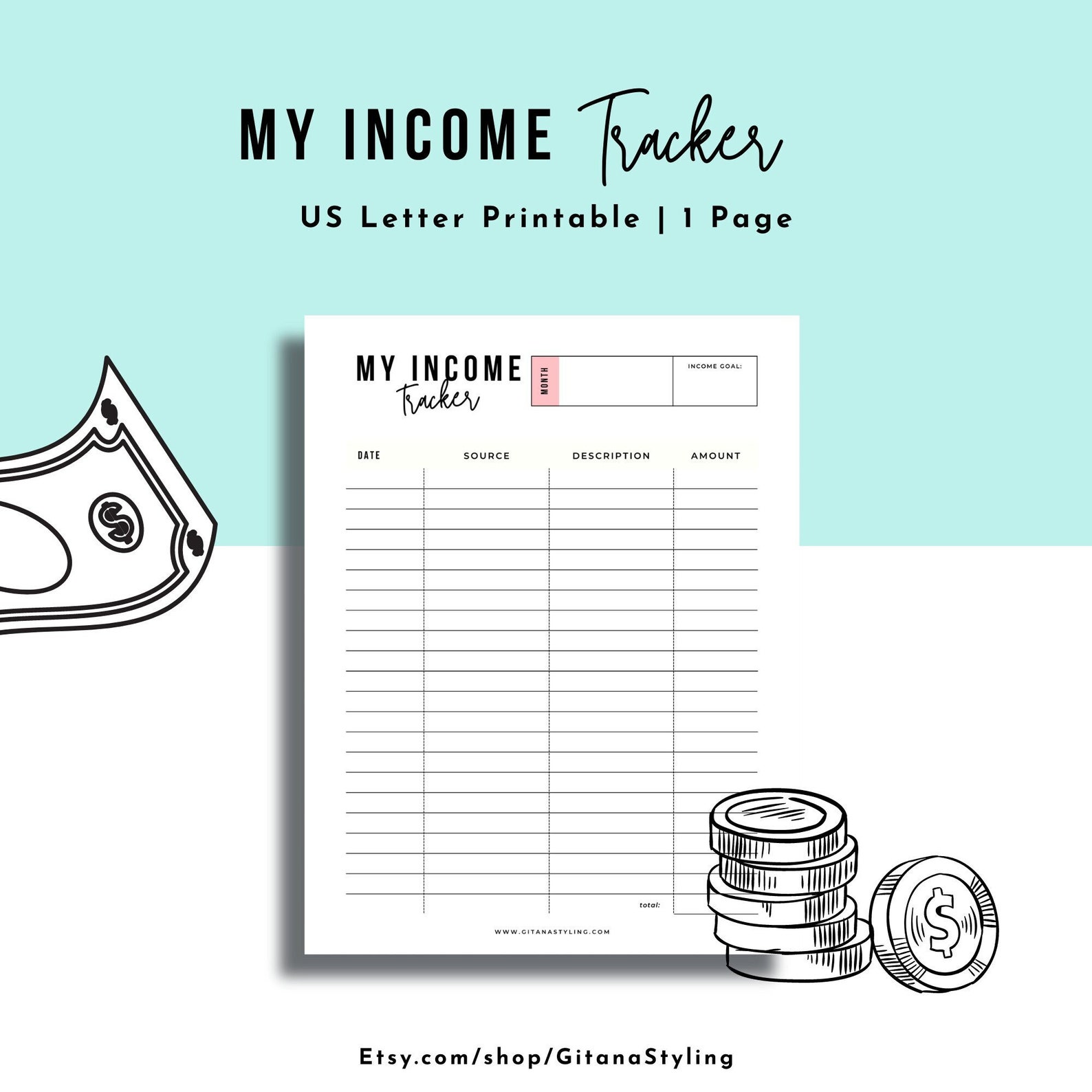 My Income Tracker Printable | Business Finance Template | Income Log ...