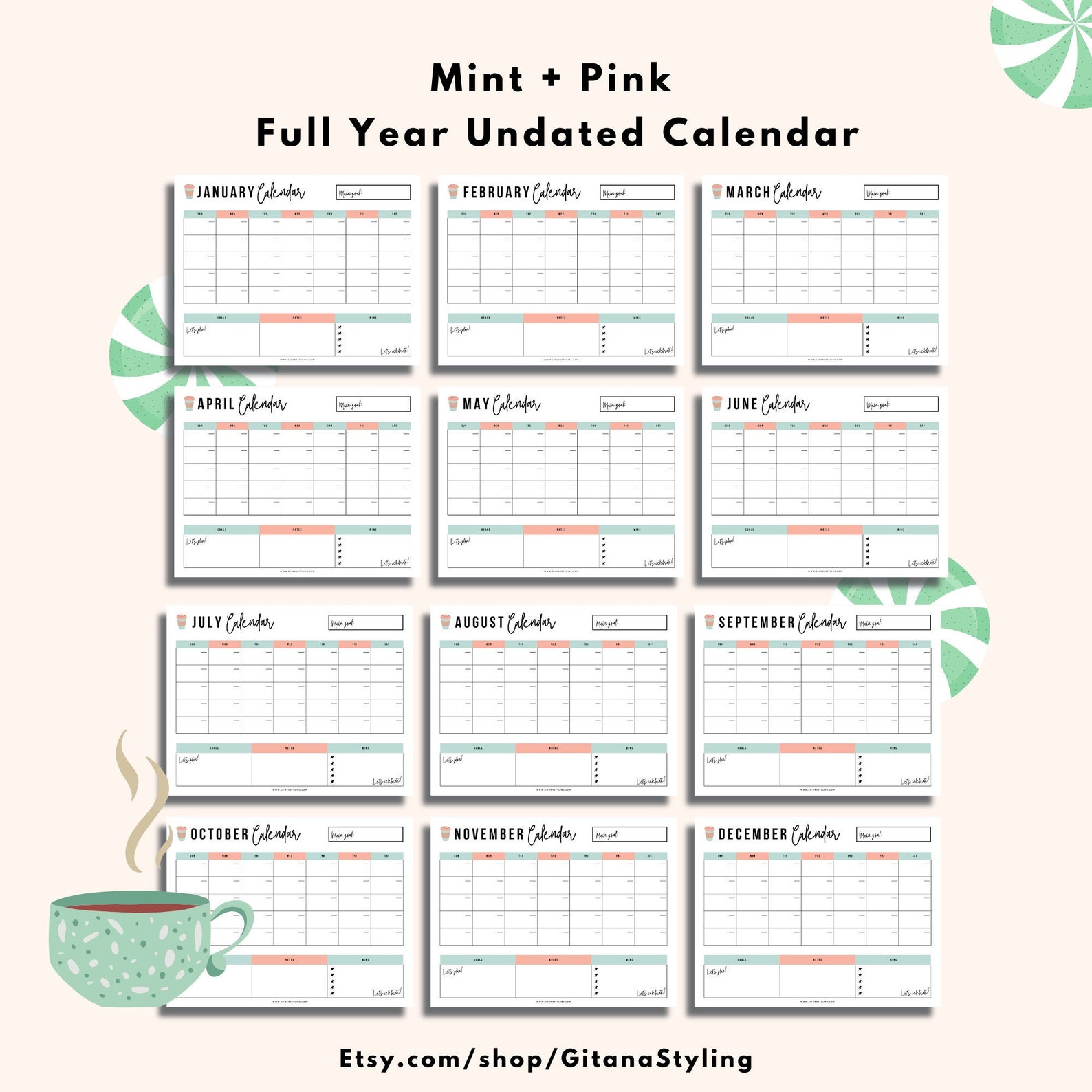 Mint and Pink Full Year Undated Calendar | 12 Month Calendar ...