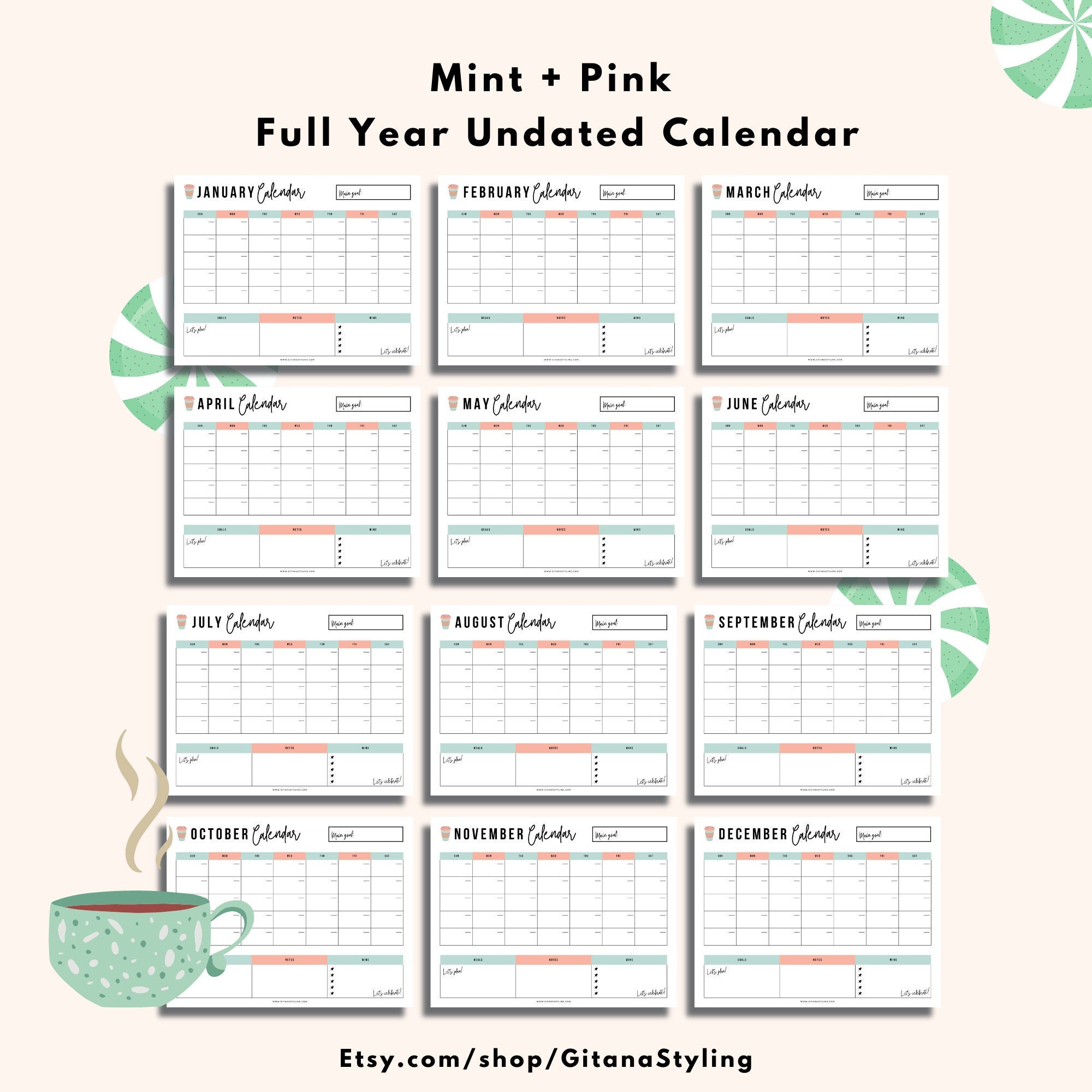 Mint and Pink Full Year Undated Calendar | 12 Month Calendar ...