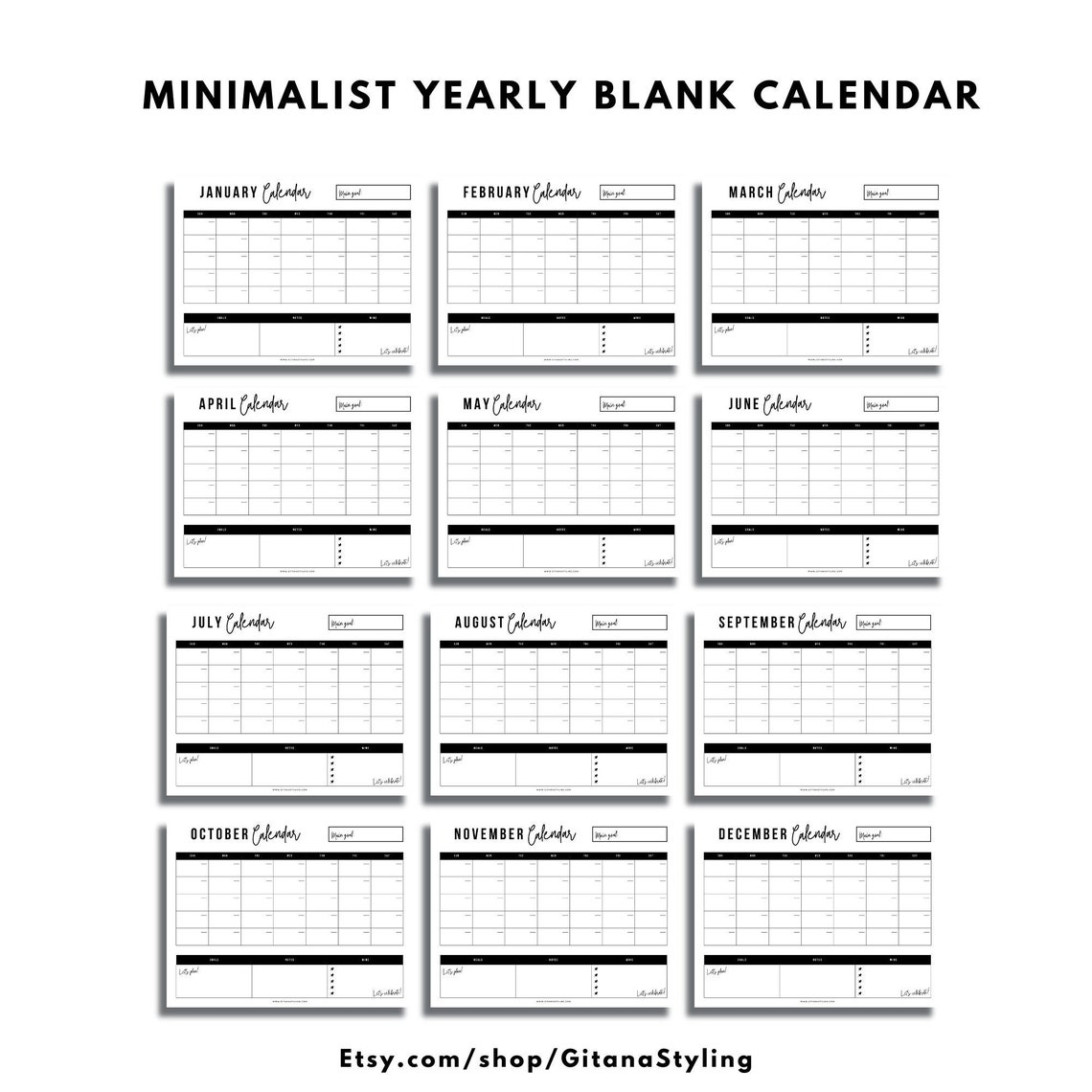 Minimalist Yearly Blank Calendar Modern Printable Calendar - Etsy