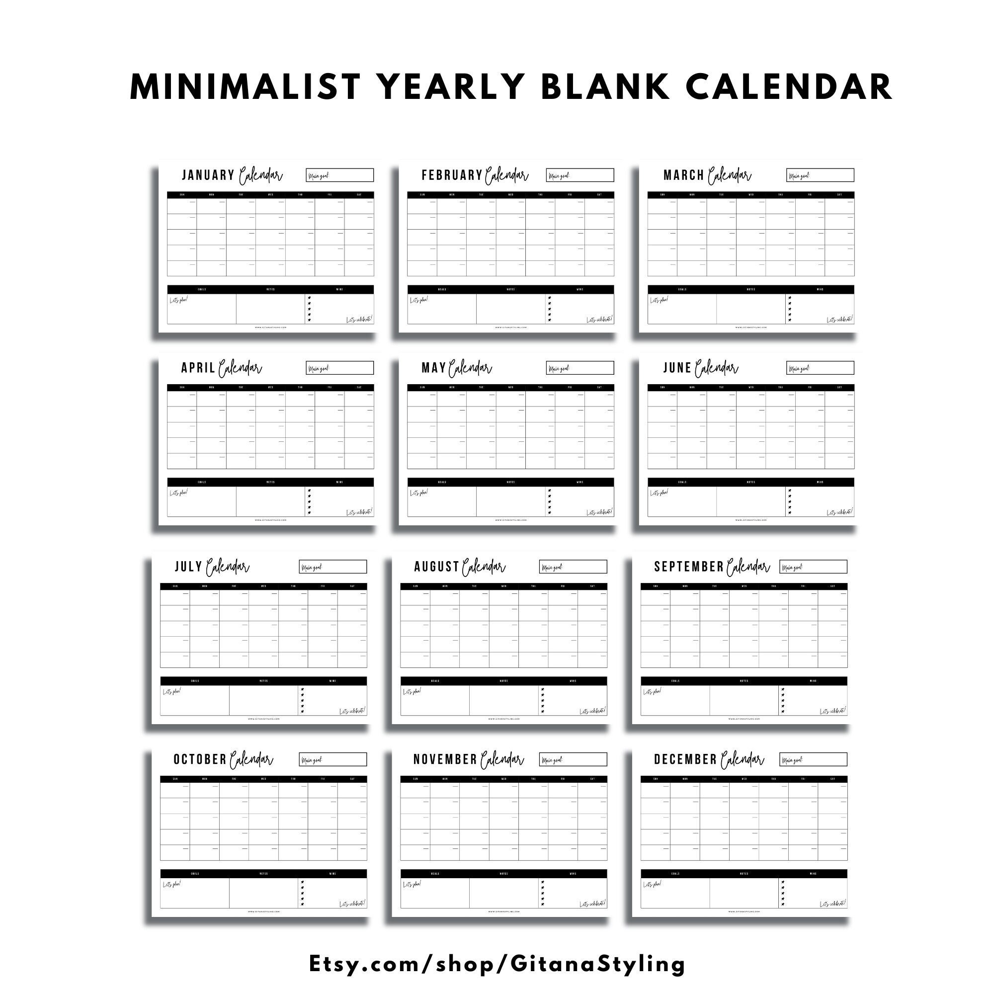 Minimalist Yearly Blank Calendar Modern Printable Calendar Undated ...
