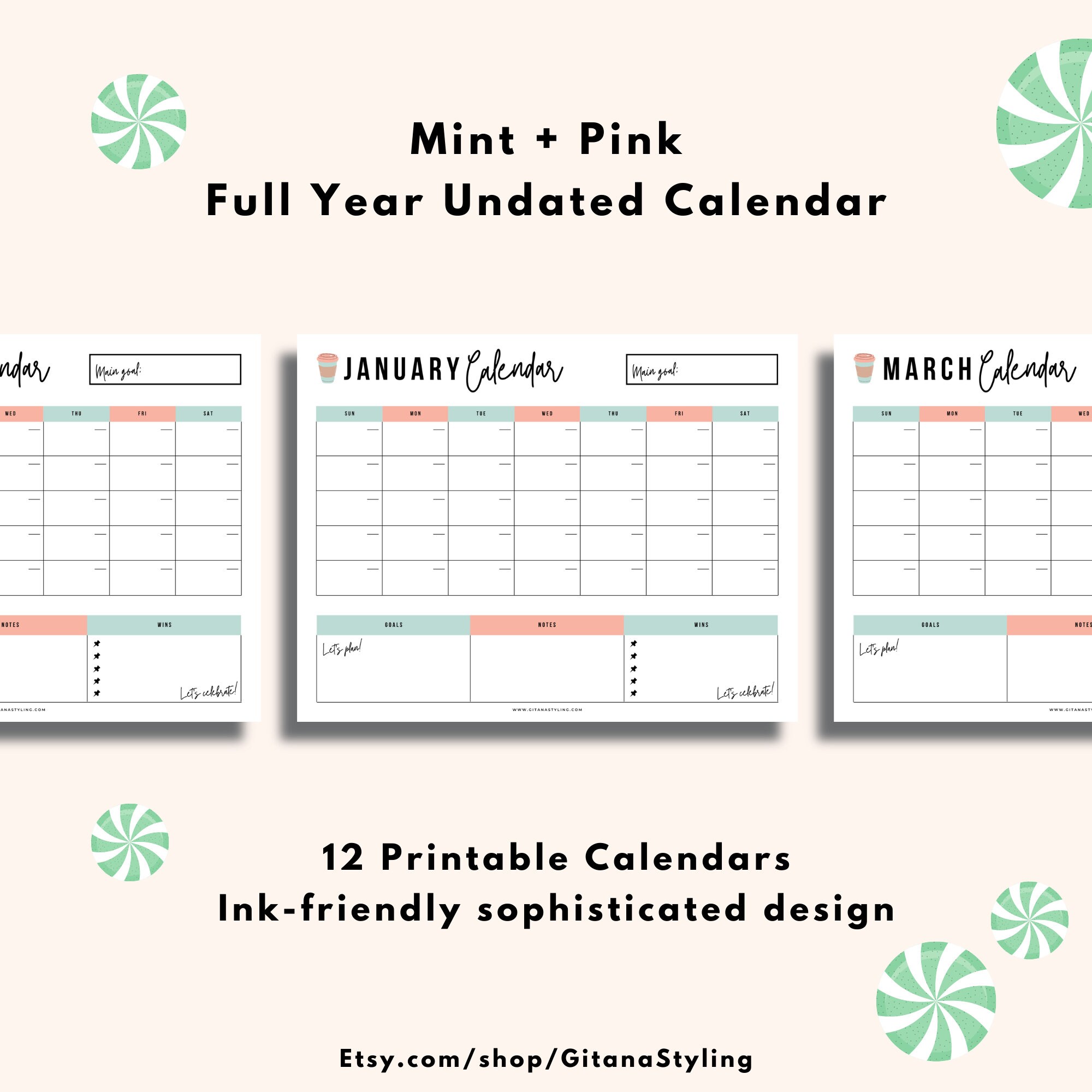 Mint and Pink Full Year Undated Calendar | 12 Month Calendar ...