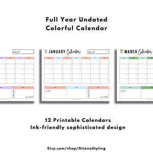 Undated Yearly Calendar | US Letter Size Printable Calendar | 12 Month ...