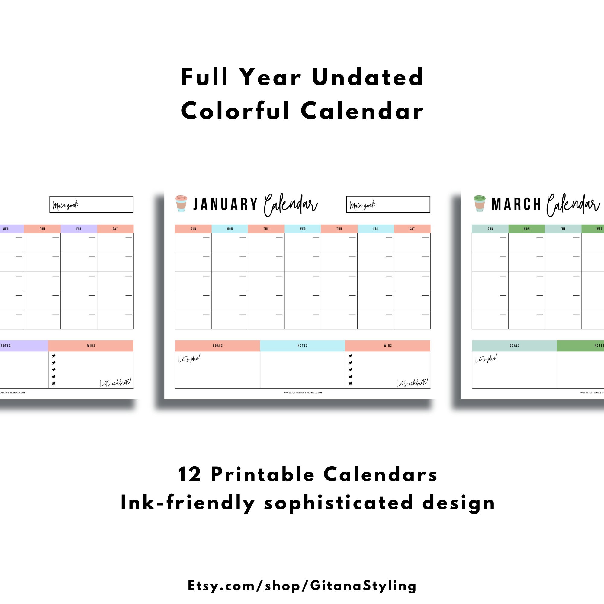 Undated Yearly Calendar US Letter Size Printable Calendar - Etsy