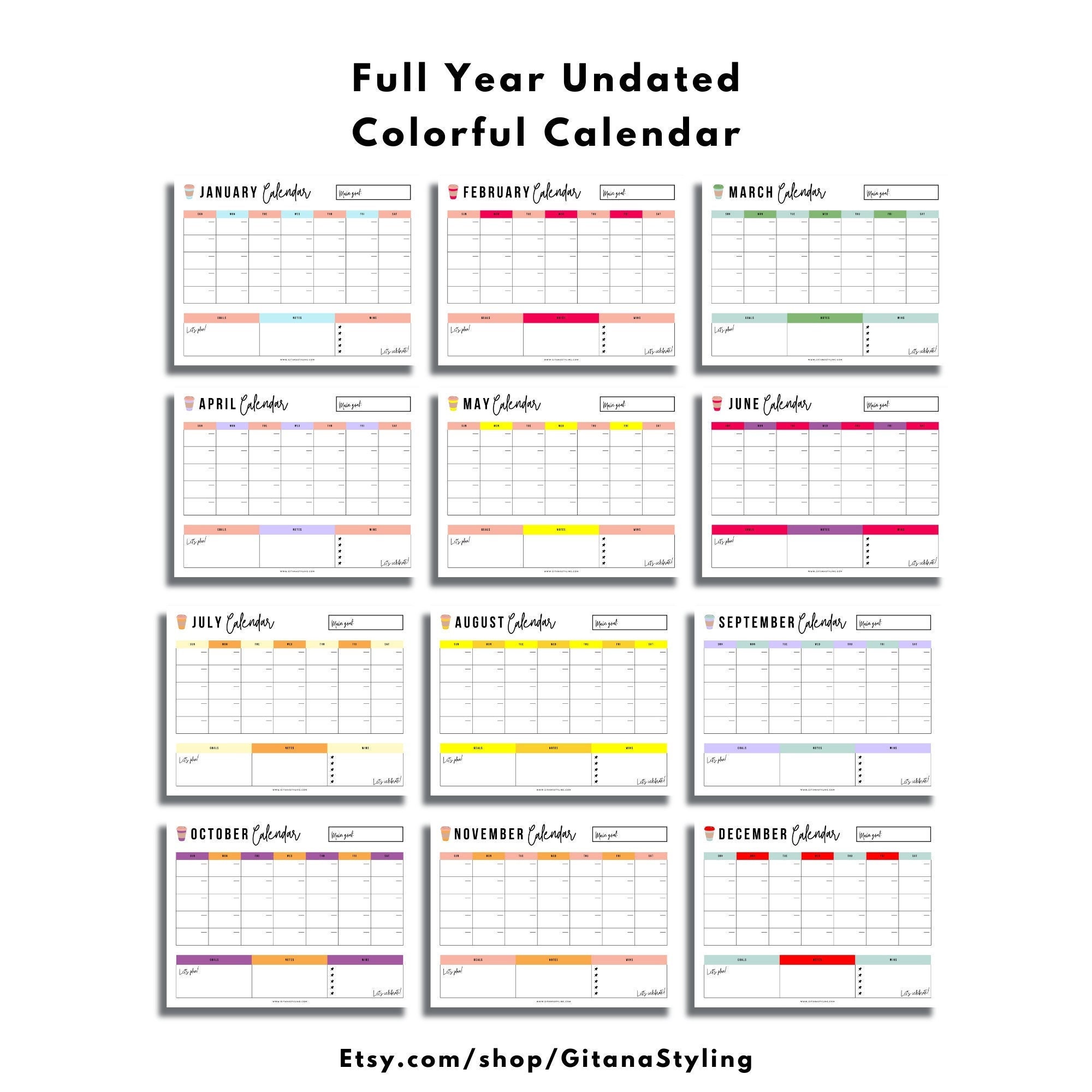 Undated Yearly Calendar US Letter Size Printable Calendar - Etsy