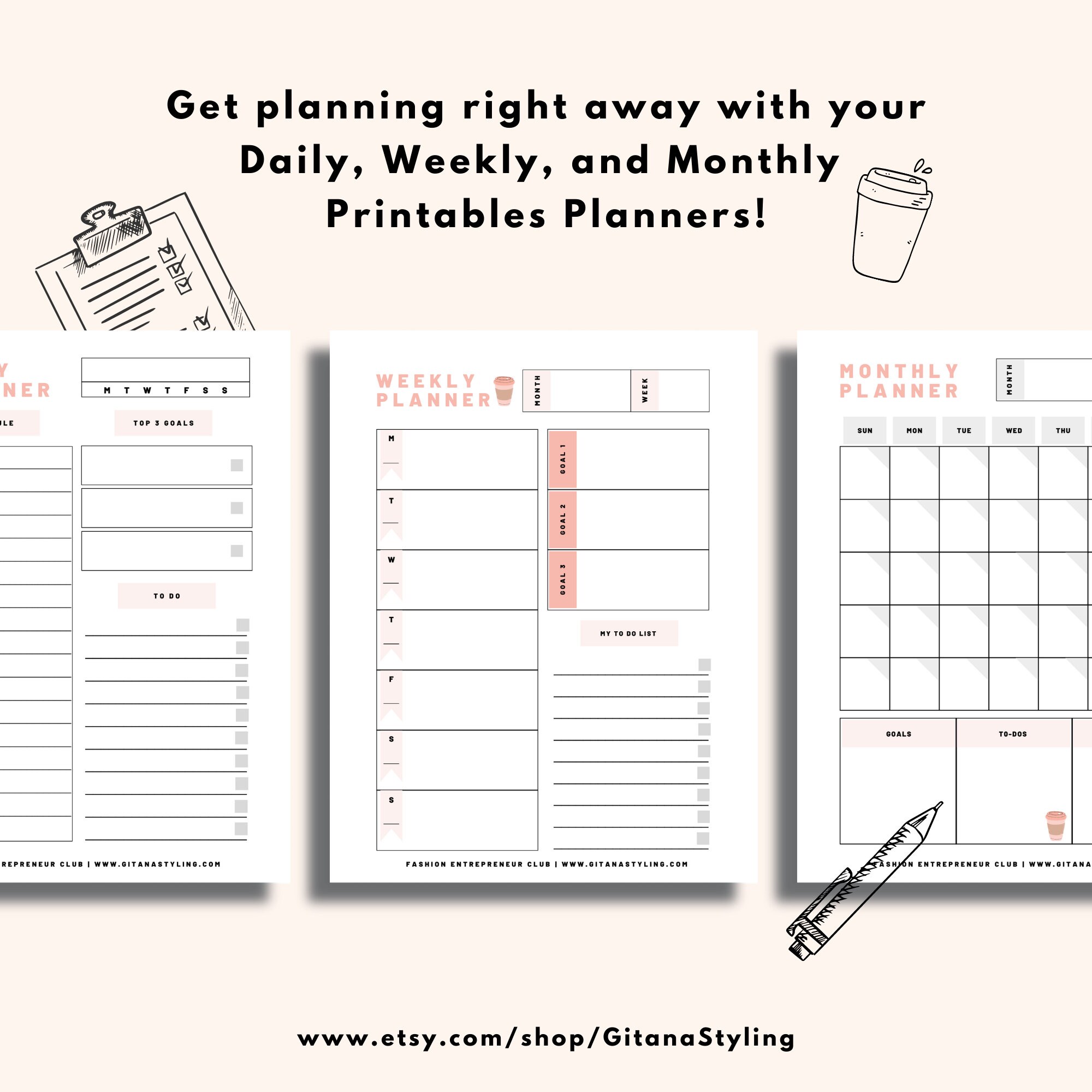Daily, Weekly and Monthly Printable Planners | 3 Pages | US Letter ...
