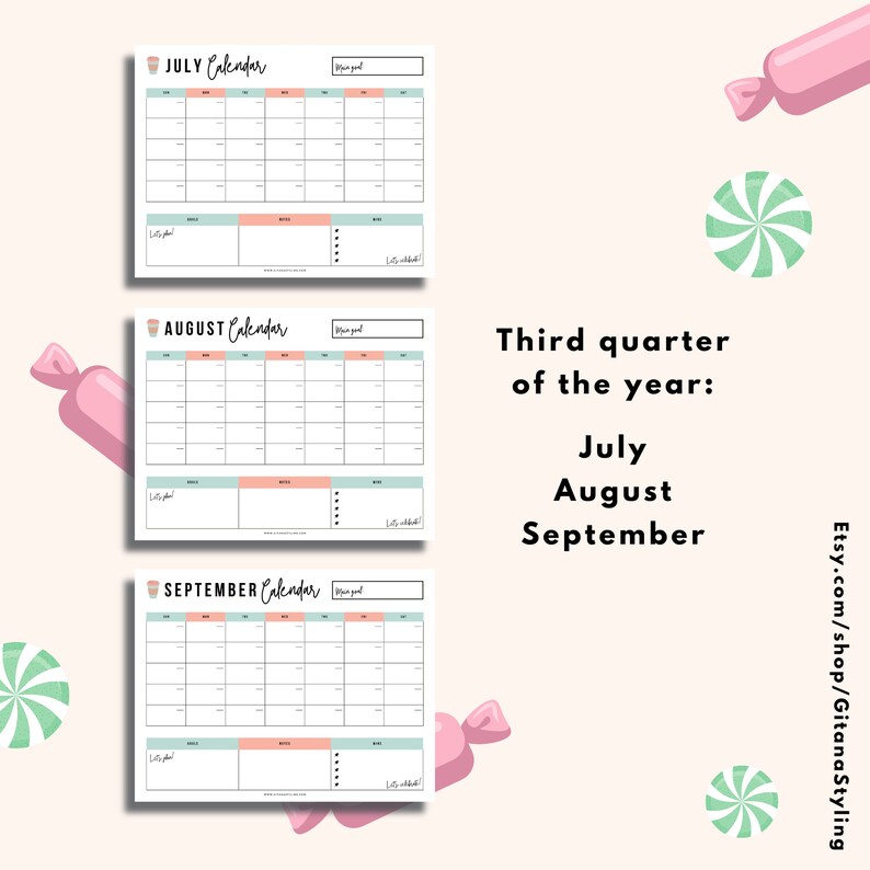 Mint and Pink Full Year Undated Calendar | 12 Month Calendar ...
