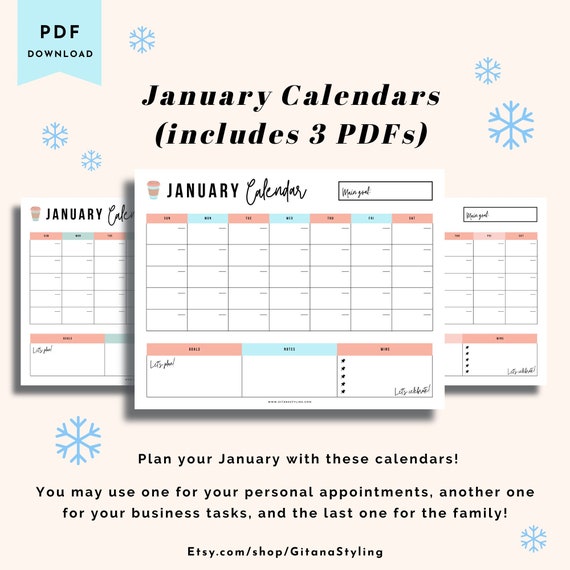 January Calendar Printable Set 3 Pdfs Monthly Calendar | Etsy