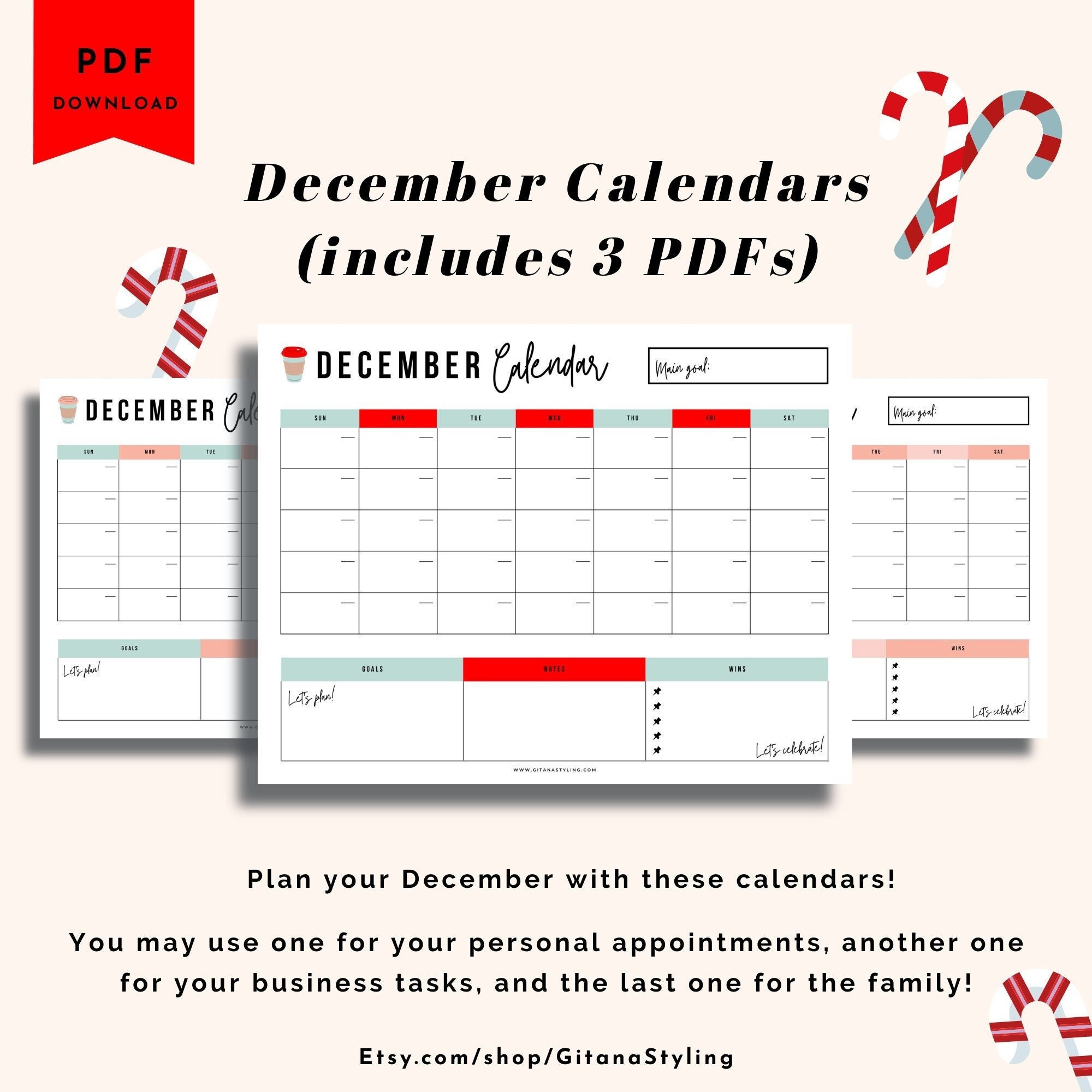 December Calendar 2021 Printable Set (3 Pdfs) | Monthly Calendar ...