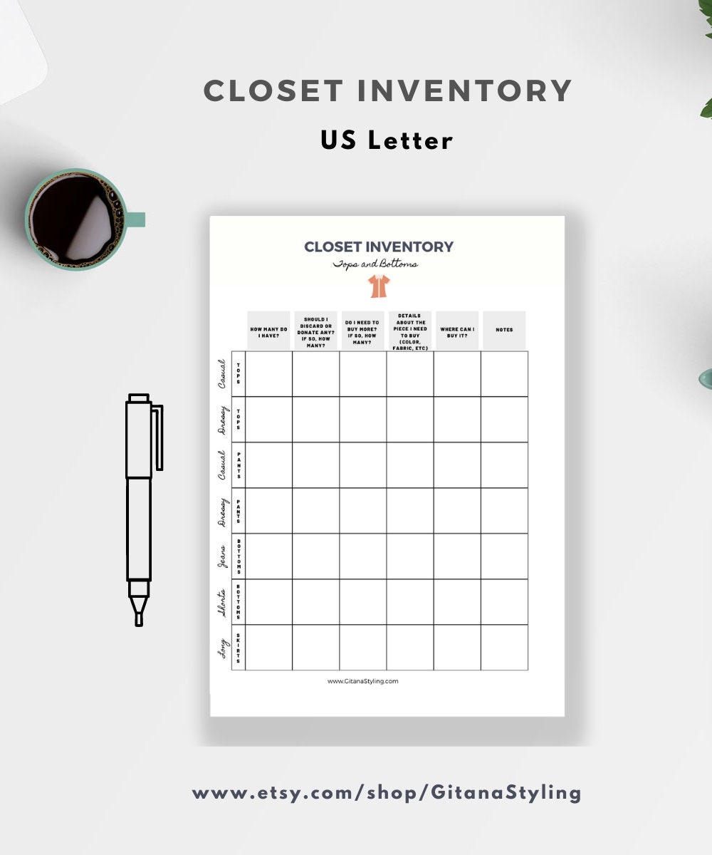 Closet Inventory Printable, Closet Organization, Instant Download, US ...