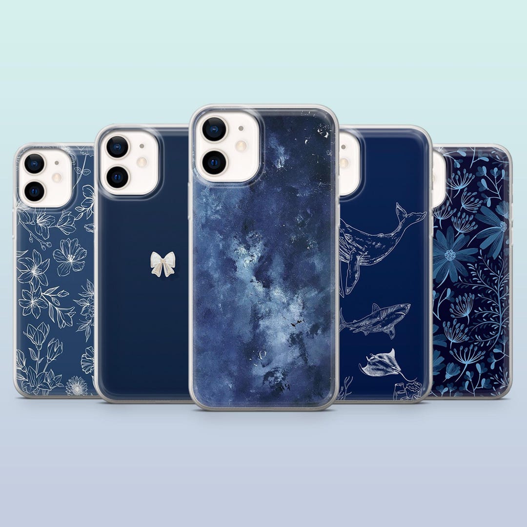 Navy Blue Phone Case Blue Pattern Flowers Bow Cover for iPhone 16 ...