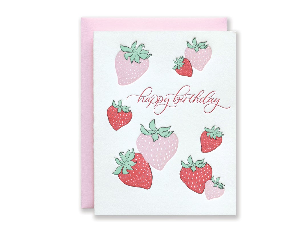 Strawberry Birthday Letterpress Card | Happy Birthday Greeting Card - Etsy