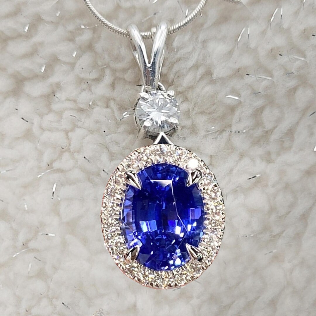 Blue Ceylon Sapphire CZ Diamond Halo Pendant: 925 Sterling Silver - Etsy