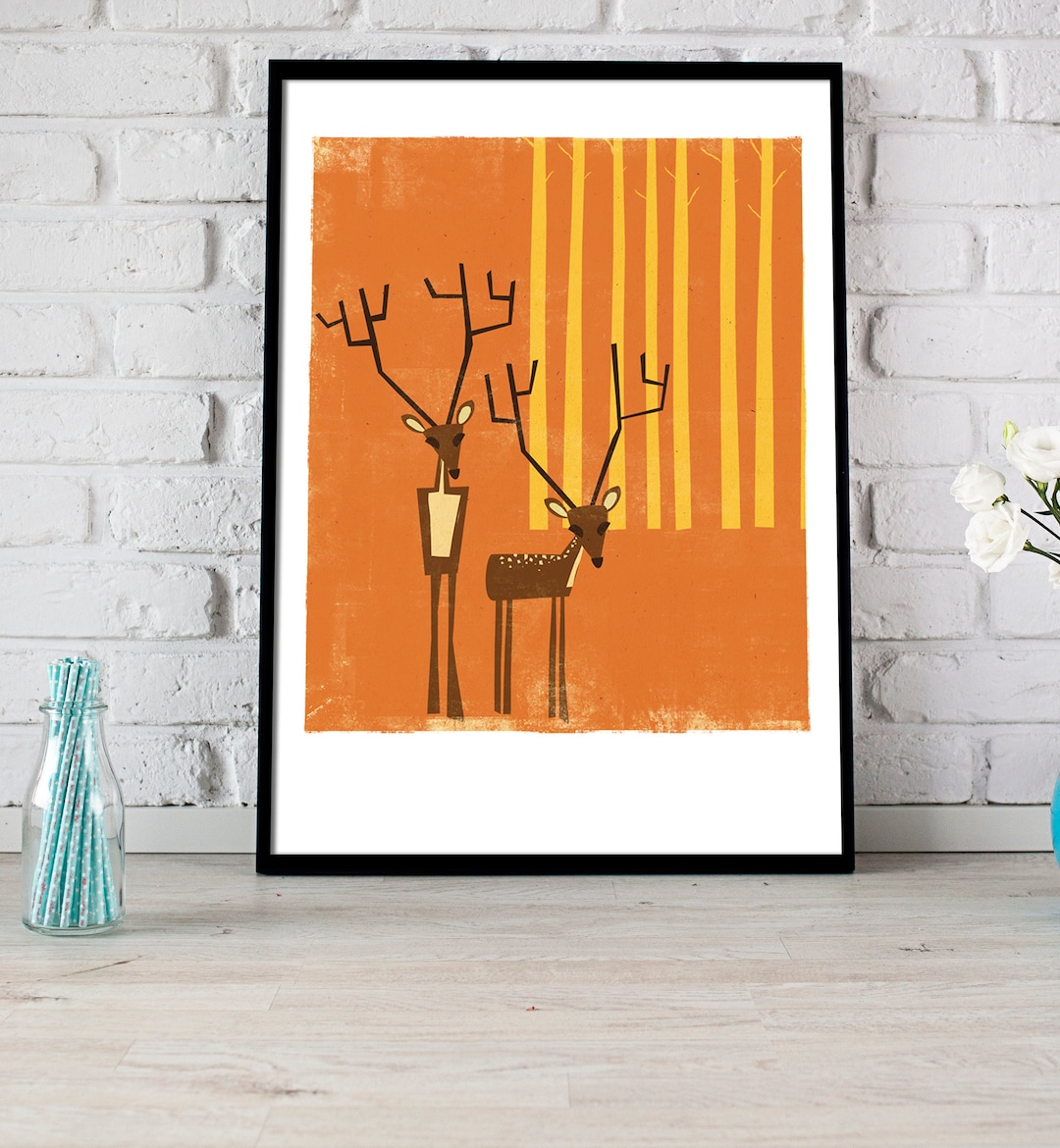Forest Deer Print, Woodland Theme Deer Print, Deer Illustration ...