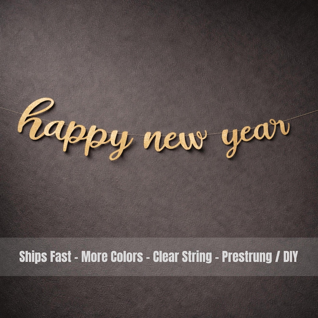 Happy New Year Cursive Banner | Gold Glitter New Years Eve Party Banner ...